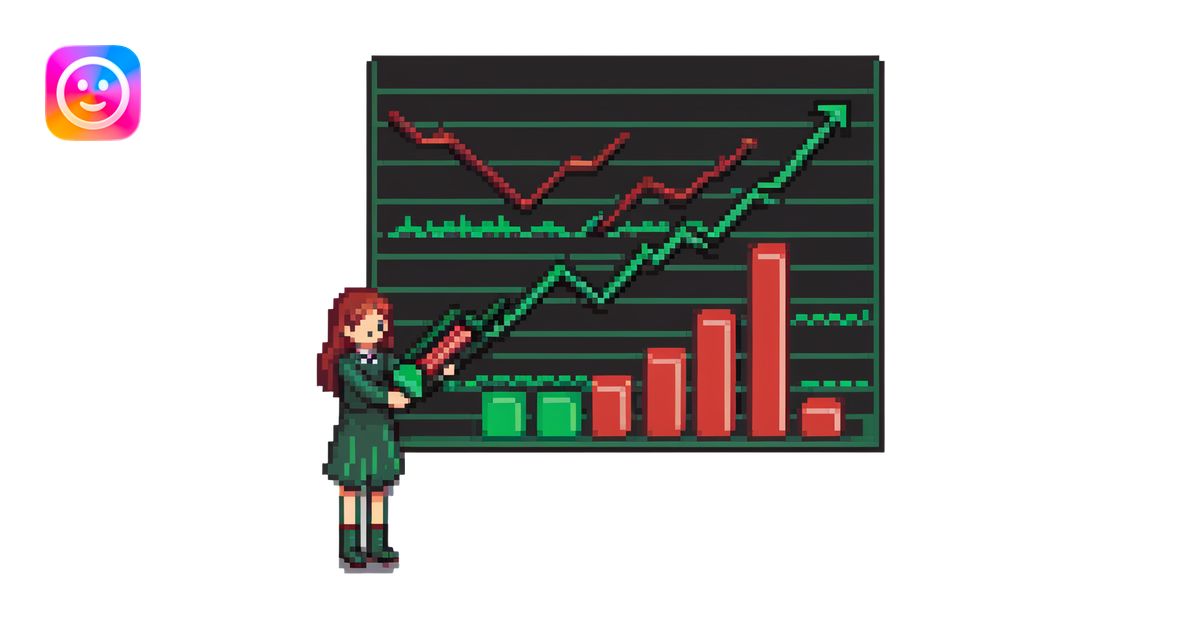 Girl holding chart with rising green graph line in right hand and ...