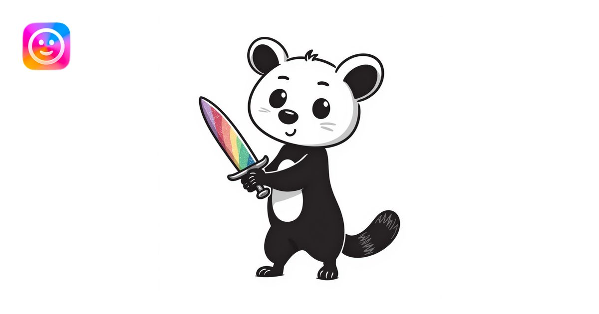 Cute possum with big eyes holding a glittery sword, rainbow colors ...