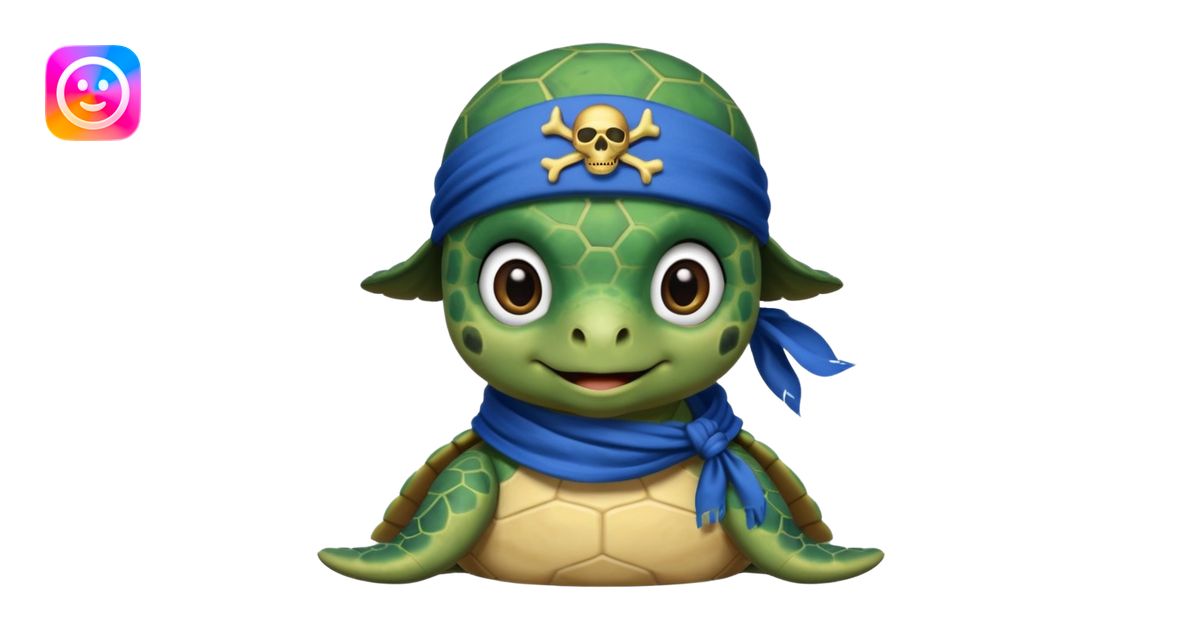 cute sea turtle wearing a blue pirate scarf emoji | AI Emoji Generator