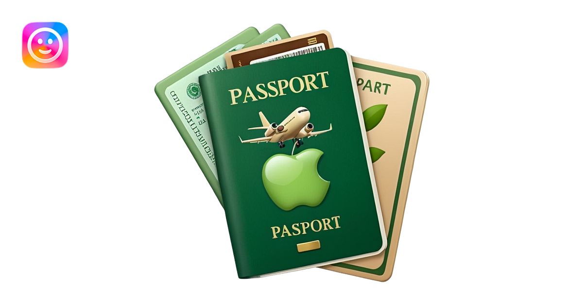 passport and airline tickets, Apple emoji style, colors #173e12 and # ...