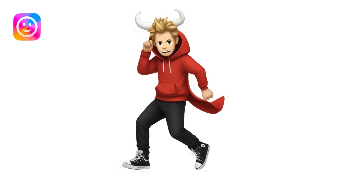 Tord has red hoodie and black pants and black and white shoes and horns ...