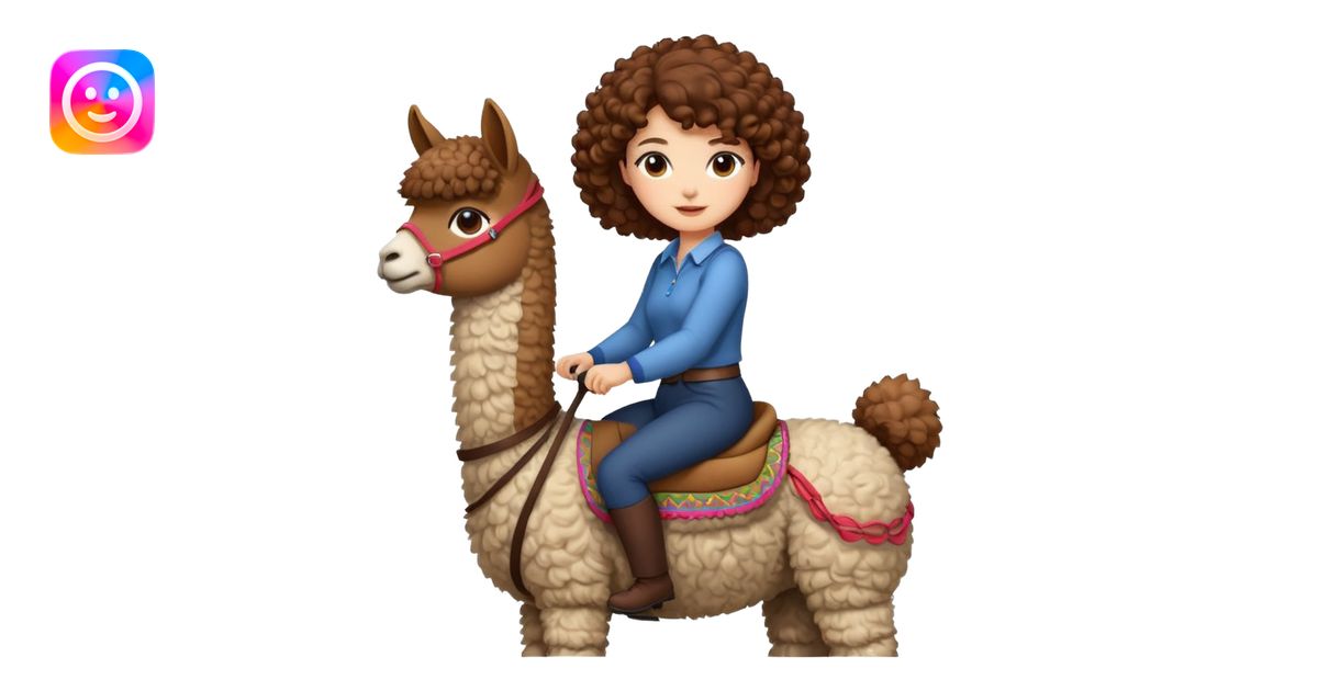 cute woman short tight curly brown hair riding an alpaca emoji | AI ...