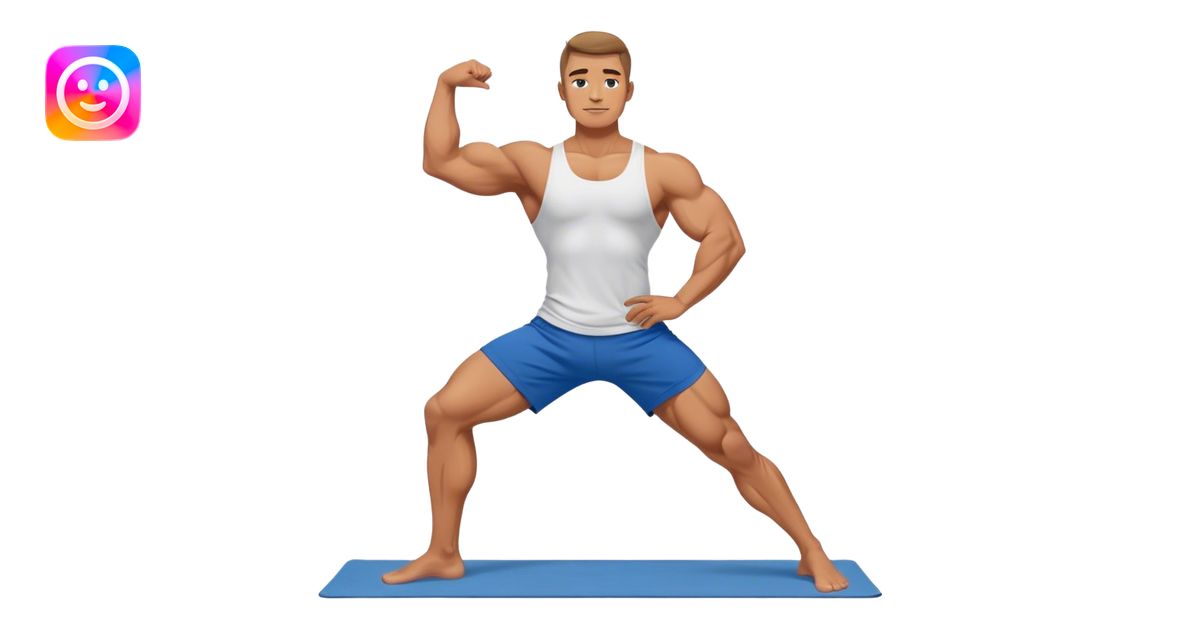 buff man with blue short Crescent Lunge yoga emoji | AI Emoji Generator