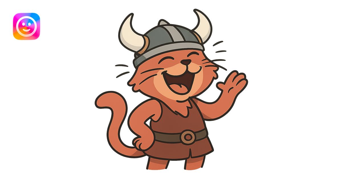 a laughing red viking cat cartoon style with a horned helmet and a big ...