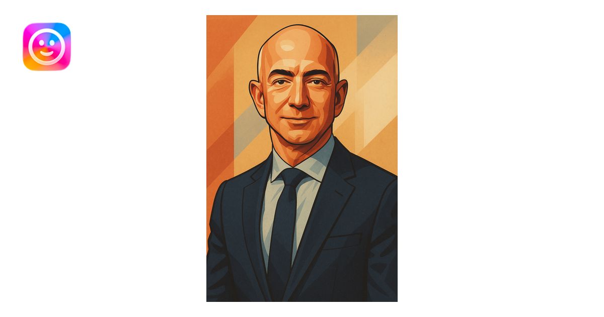 stylized portrait of Jeff Bezos, business attire, bald, confident ...