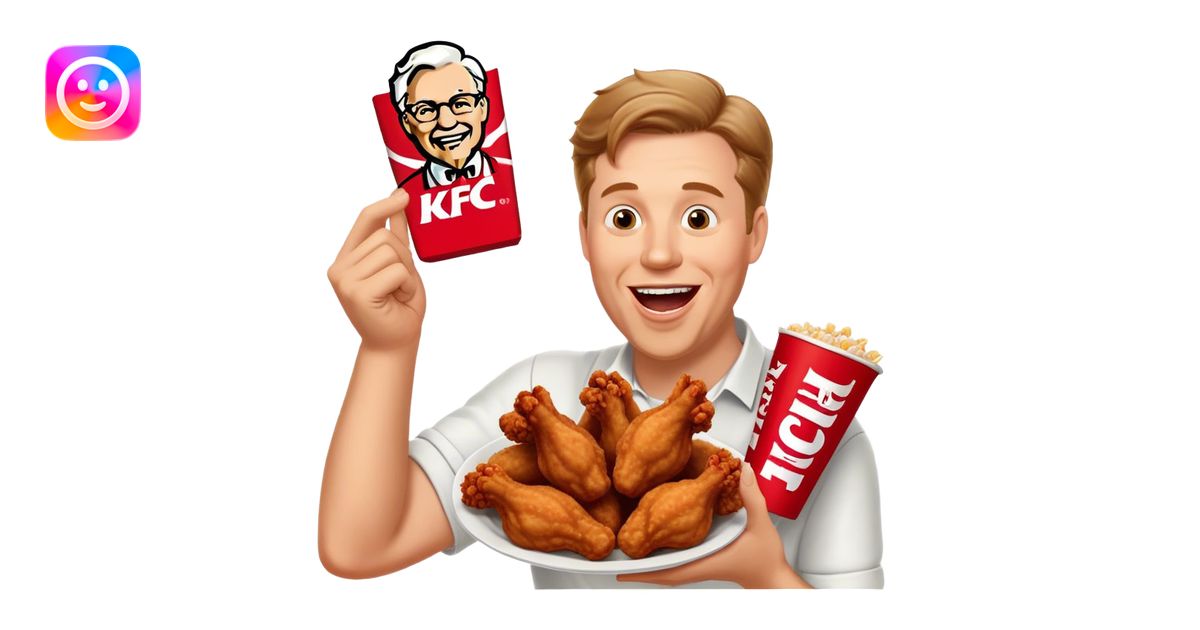 "Create an emoji of a white man holding KFC chicken wings with a happy ...
