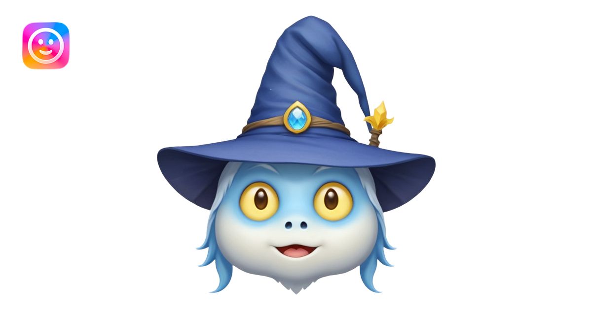 cute monster with white body, yellow tail, wearing blue sky witch hat ...