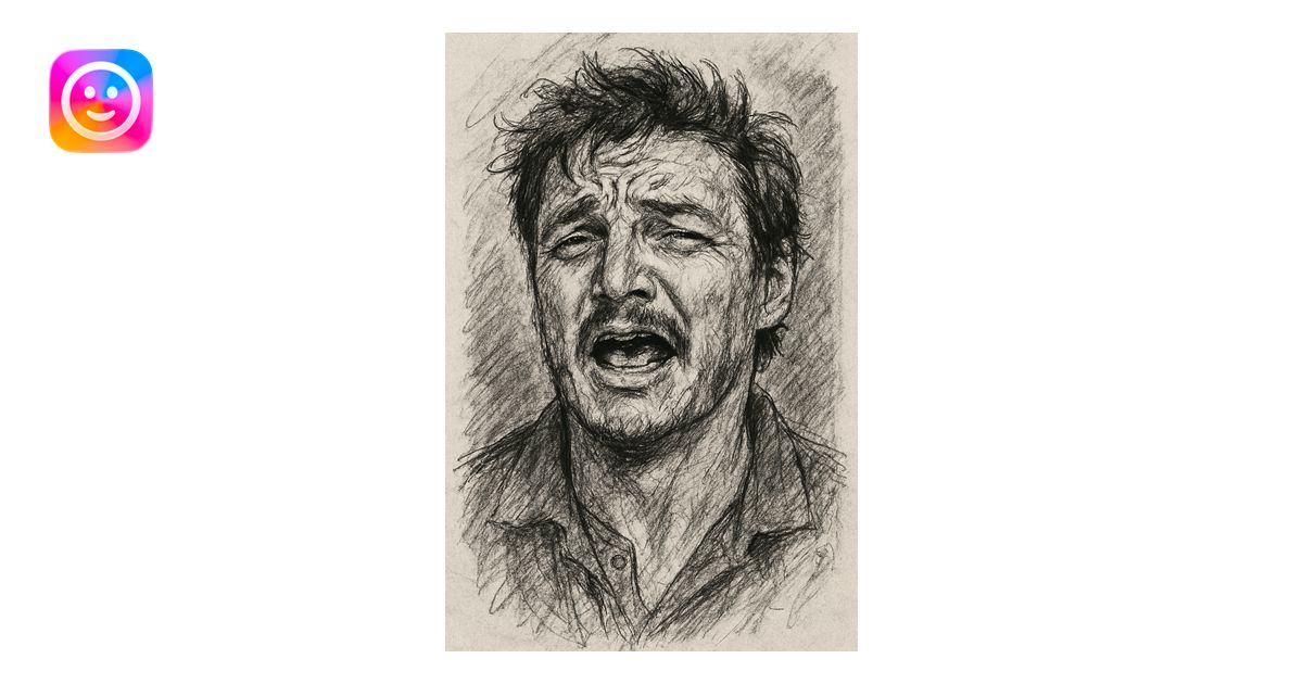 hand-drawn sketch of Pedro Pascal with expressive face illustration ...