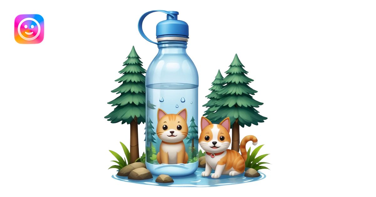 make a water bottle smile in a forests with a cat and dog emoji | AI ...