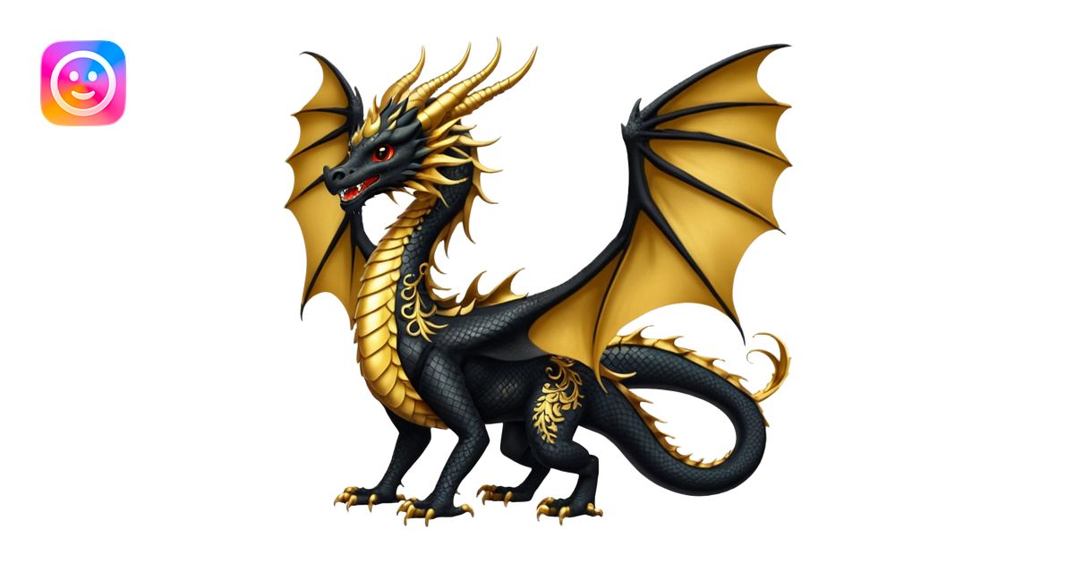 a golden dragon with two legs and two wings and one tail and black ...