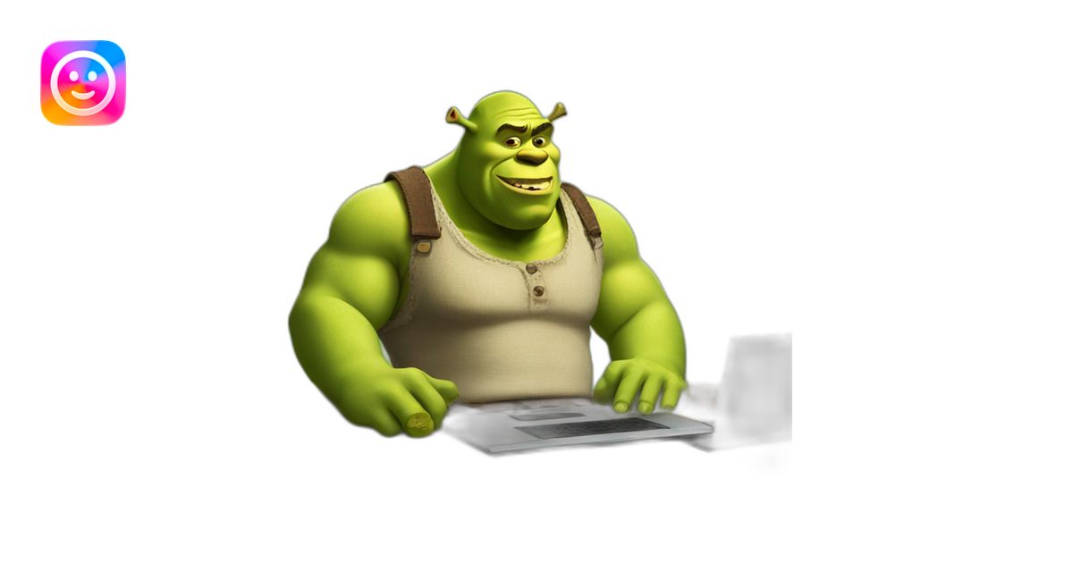 Shrek using laptop sitting on desk emoji | AI Emoji Generator