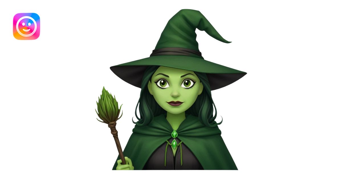 elphaba wicked witch with broom close up, evil dark coily long hair ...
