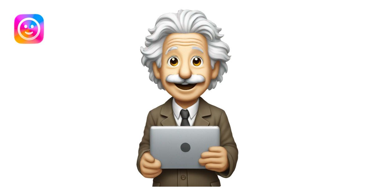 happy albert einstein holding computer in one hand emoji | AI Emoji ...