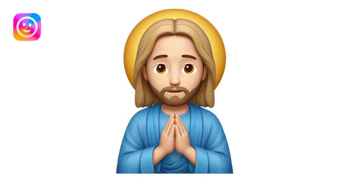 "3D emoji of Jesus praying, serene face, white background. Text below ...