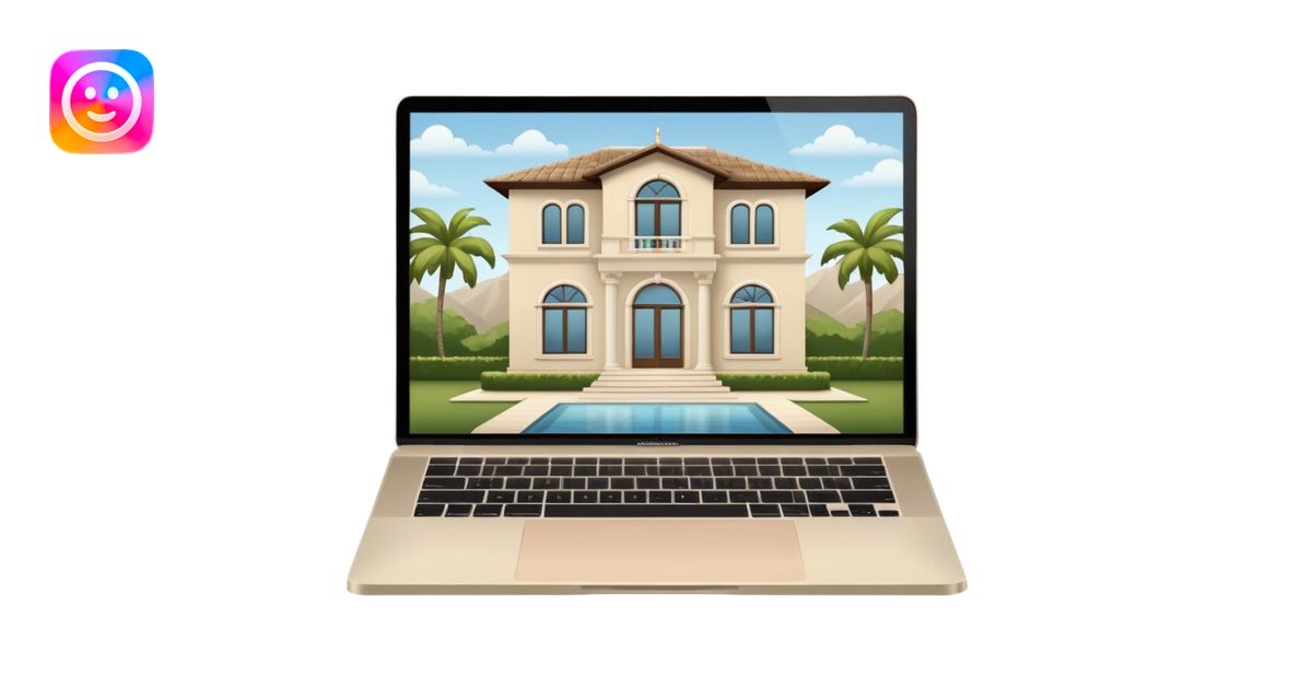 light beige open macbook sideways with luxury villa on screensaver ...