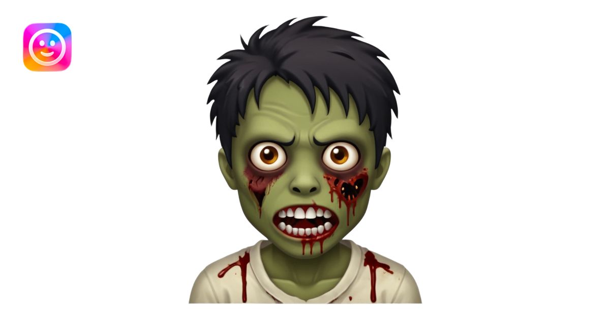 Brown-skinned zombie with messy black hair, wide centered brown eyes ...