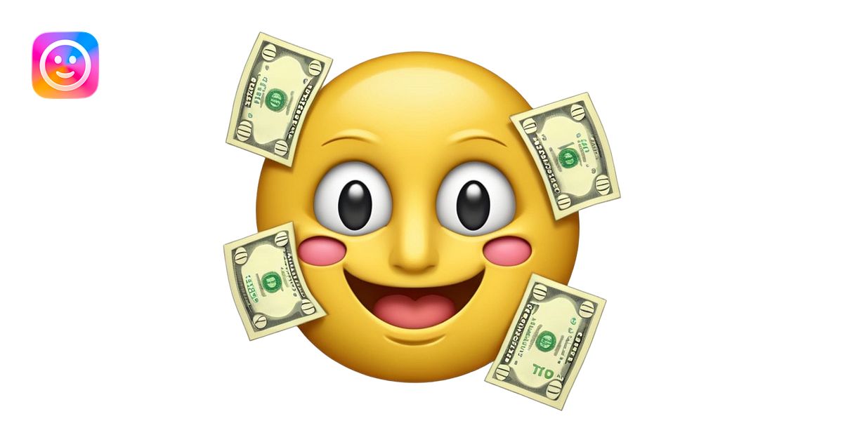 3D glossy money emoji sticker, dollar-sign eyes, cash flying out of ...