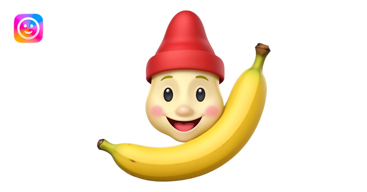 A 3D cartoon banana with a red nose and tiny hat, smiling face, playful ...