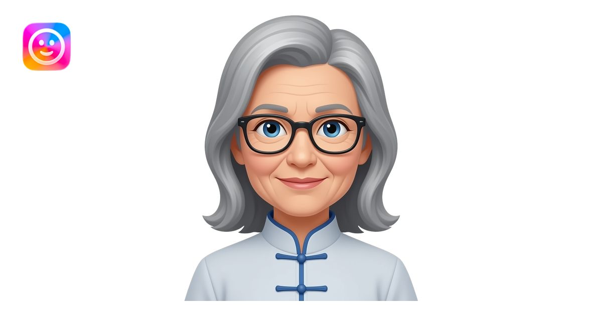 60 years taichi lady medium-long gray hair blue eye and glass emoji ...