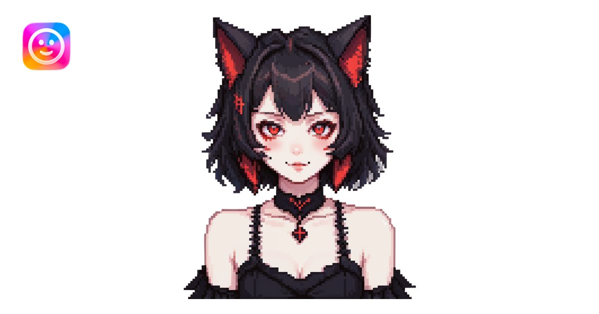 neko anime girl emoji, gothic black dress, glowing red eyes, fanged ...