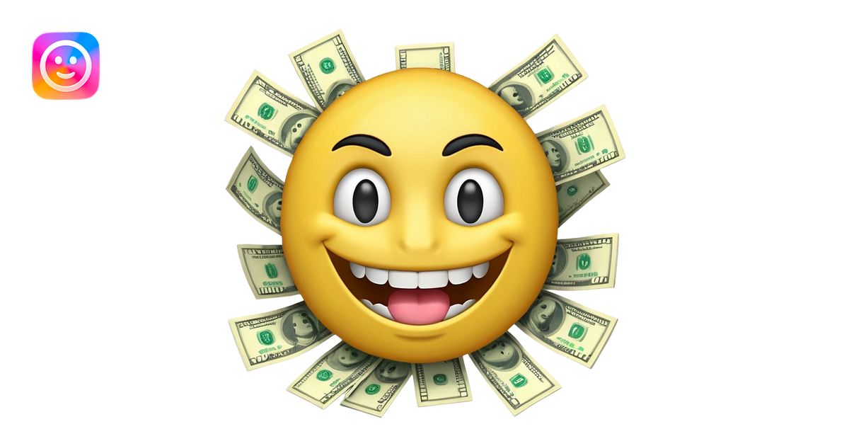 3D glossy emoji sticker, dollar-sign eyes, huge toothy grin, mouth ...