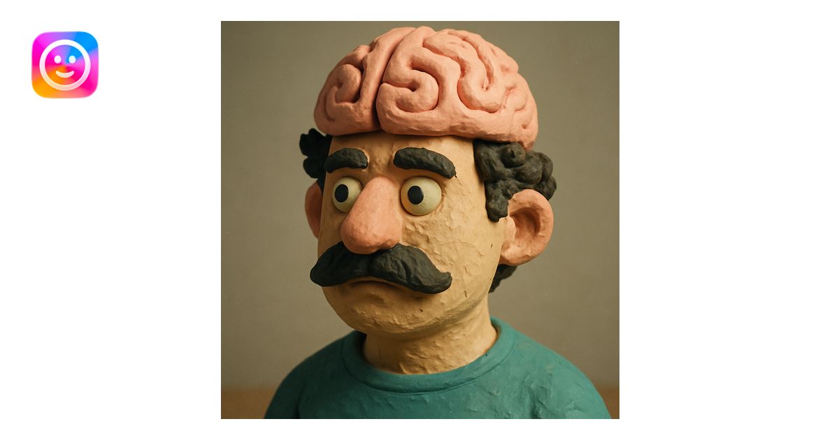 Enhance the claymation man wearing a brain by adding more depth and ...