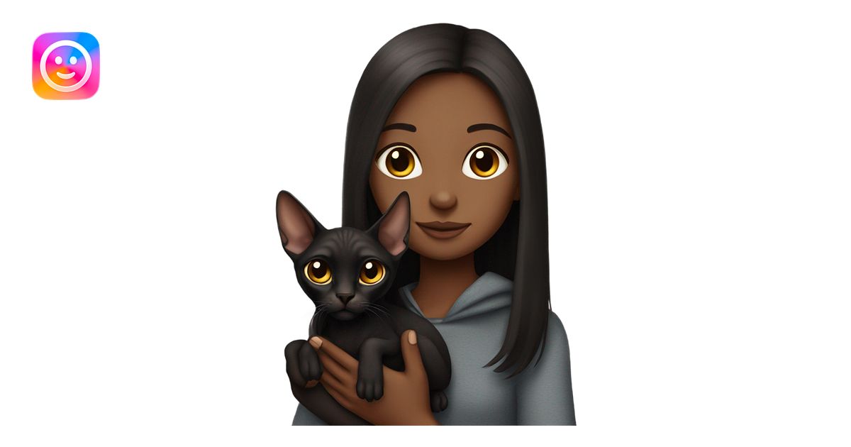 Black sphinx cat in the arms of a girl with long brown hair emoji | AI ...
