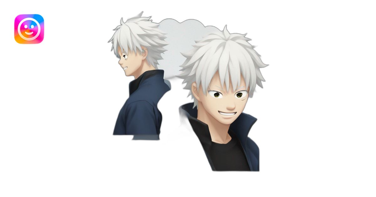 gojo satoru smiling from jujutsu kaisen with white hair, blue sky eyes ...