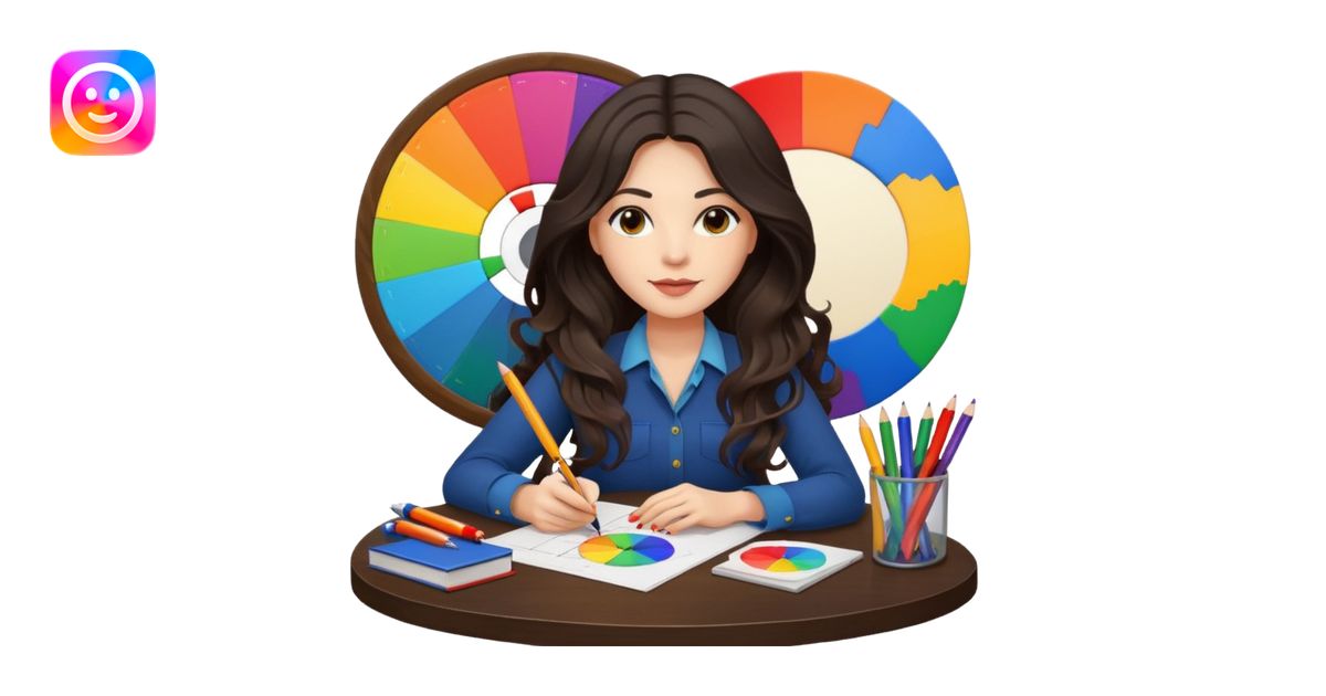 female dark wavy long hair graphic designer , big color wheel behind ...