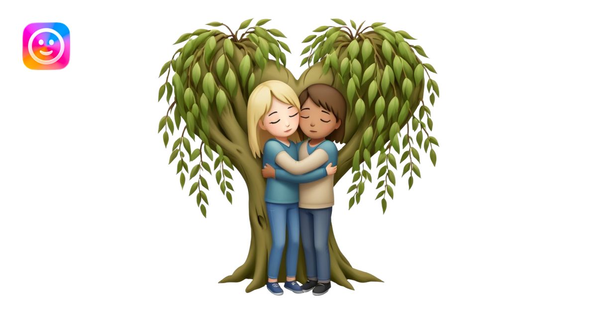 heart-shaped weeping willow tree surrounding two friends hugging in a ...