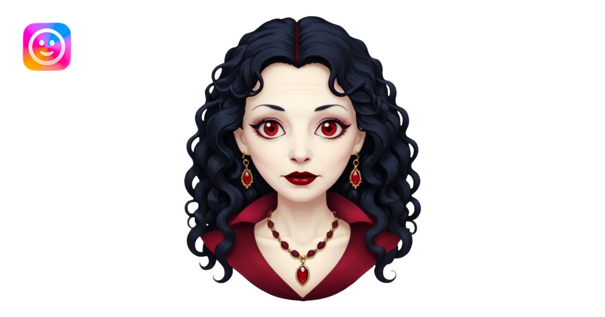 old Vampire lady Pale queen with ruby necklace, curly black long hair ...