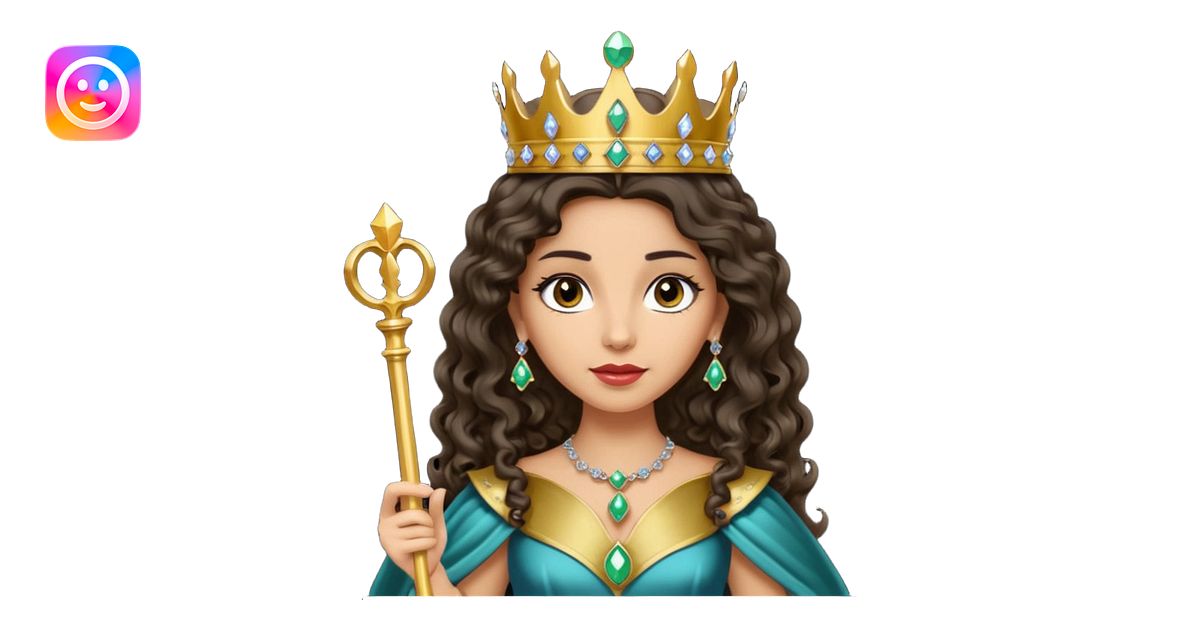 Queen with long dark curly hair, dark brown eyes, light olive skin tone ...