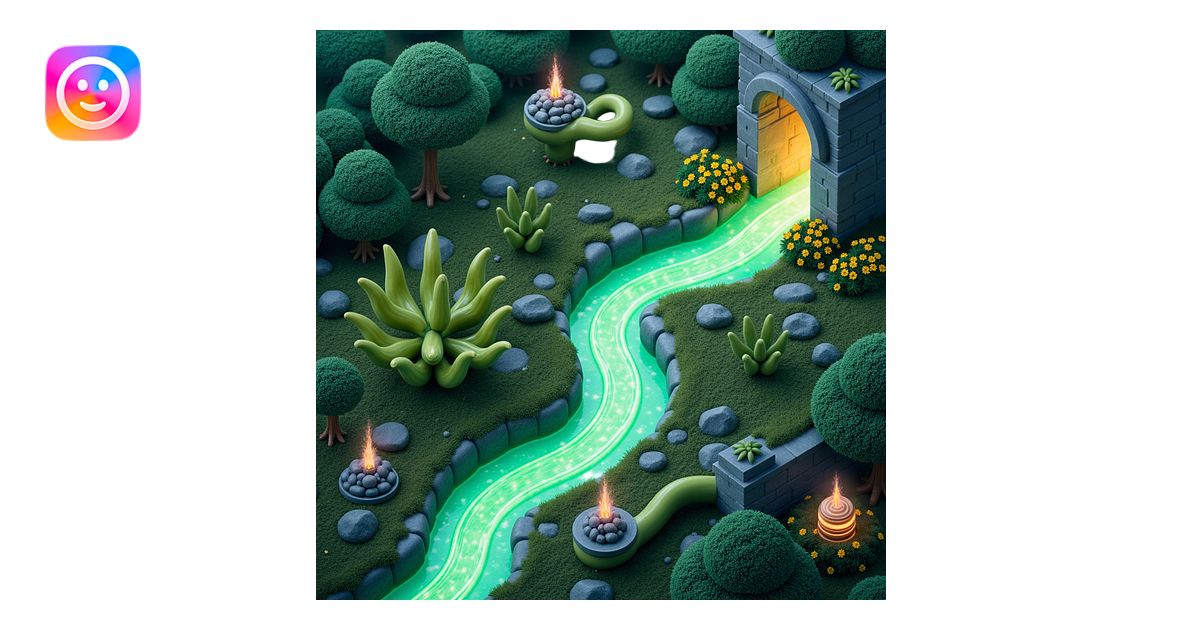 Outside view of an alien farm with bizarre-shaped plants, glowing slime ...