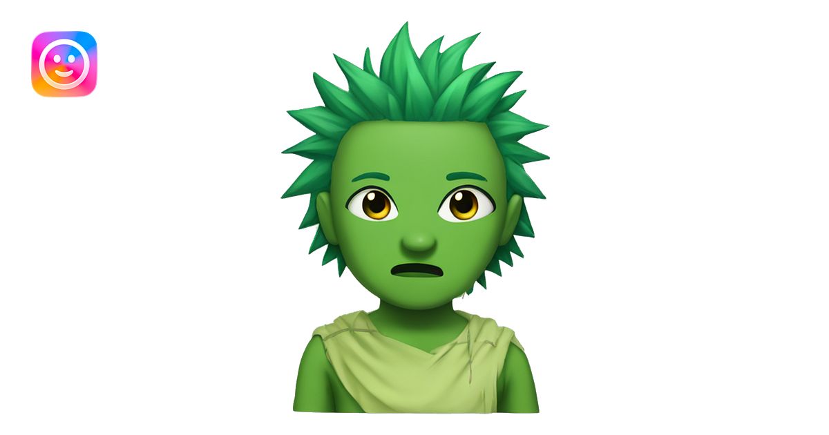chibi green-skinned character with spiky green hair, a sad expression ...