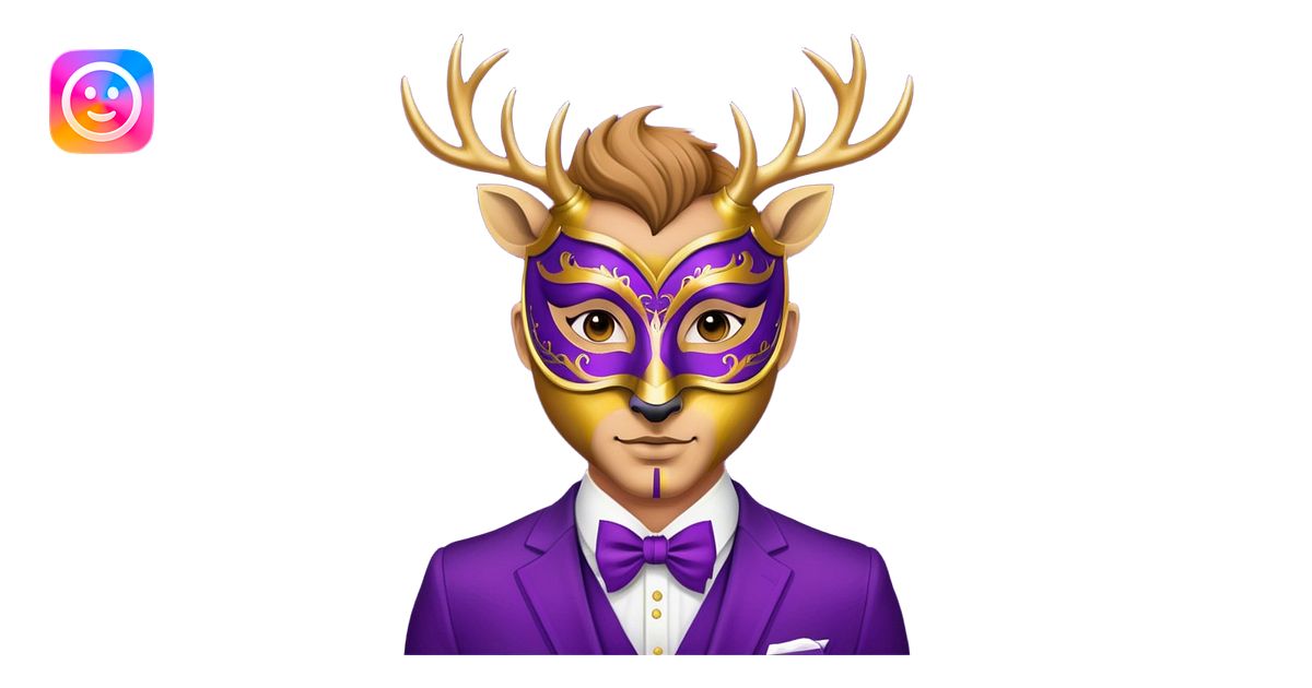 a man, with a purple suit, wear half-face golden Deer masquerade mask ...