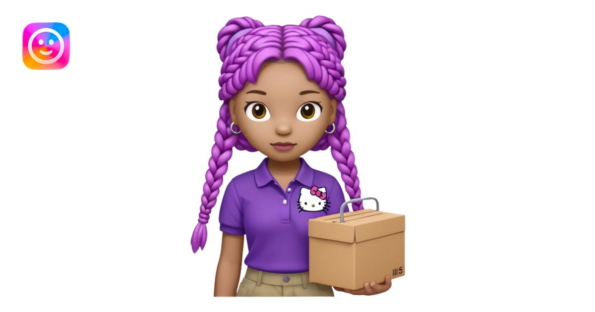 hello kitty wearing purple polo shirt and kyaki pants with long box ...