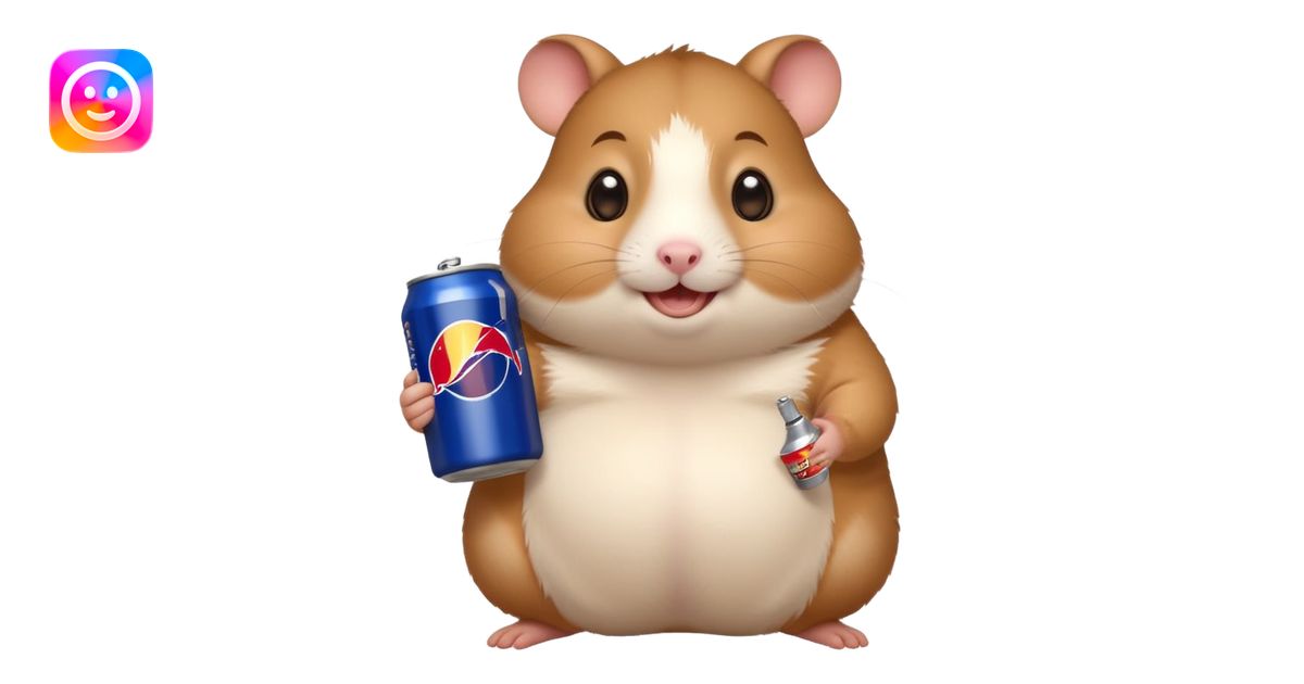 Funny cartoon-style fat hamster wide eyed with a can of redbull emoji ...