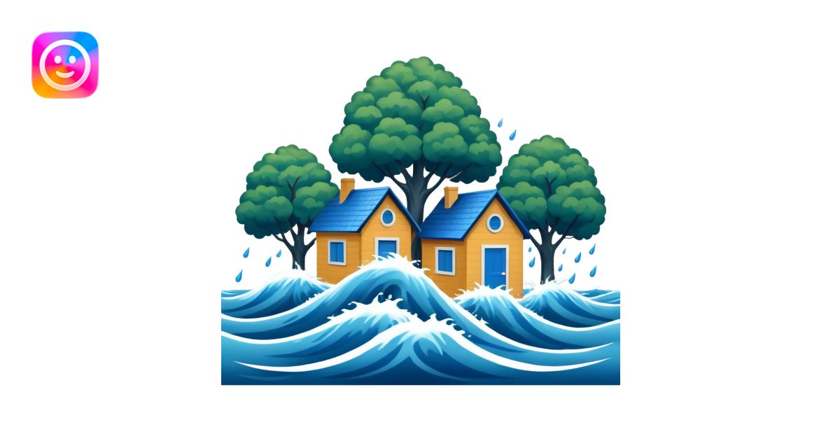 showing a flood disaster scene with powerful blue water waves ...