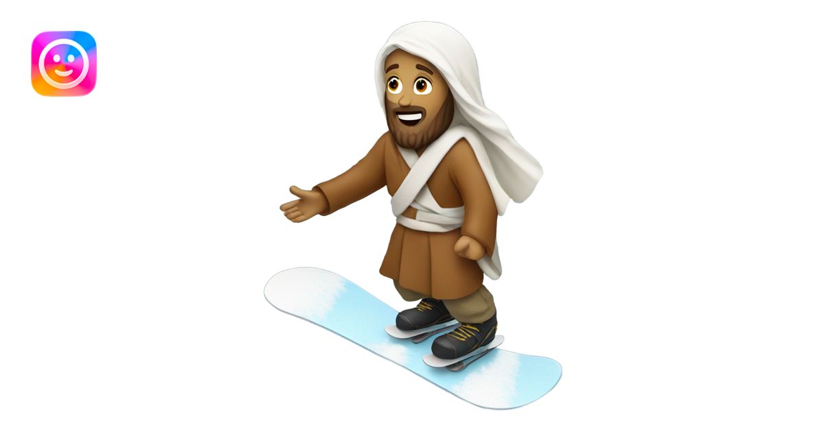 Jesus snowboarding down a mountain emoji | AI Emoji Generator