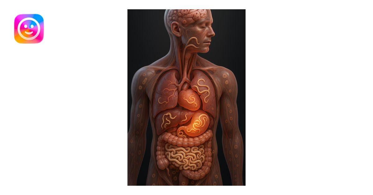 Vertical, hyper-realistic 3D cutaway illustration: the human body is ...
