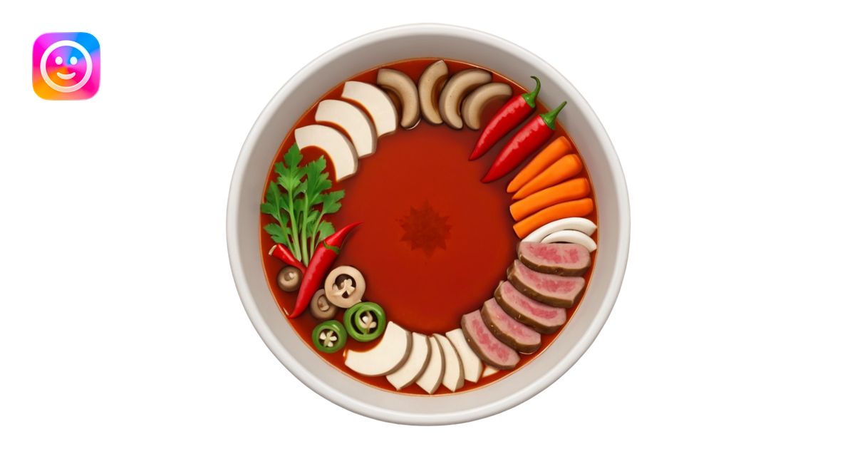 A hot pot emoji in top-down view. The pot is divided into two sections ...