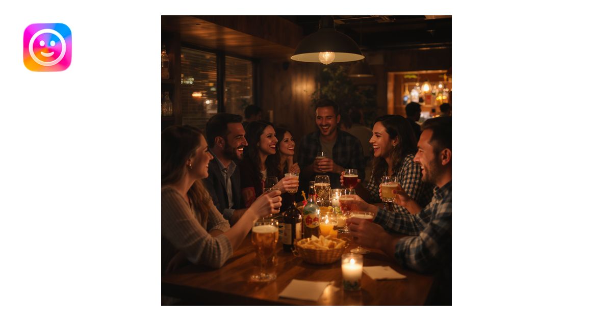 A realistic bar party scene with a diverse group of people socializing ...
