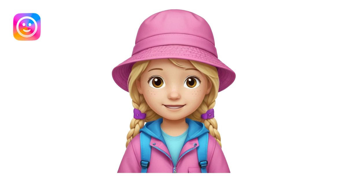 Little girl kid student, long braid blonde, wears pink bucket hat and ...