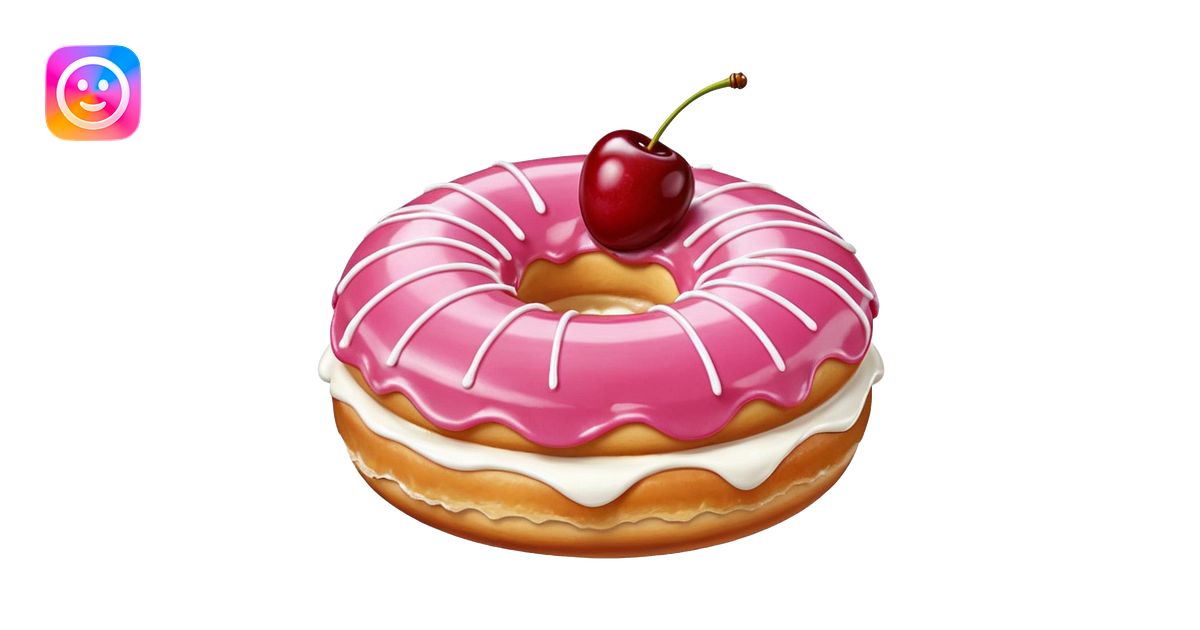 Round donut with smooth shade pink icing and thin white drizzle lines ...