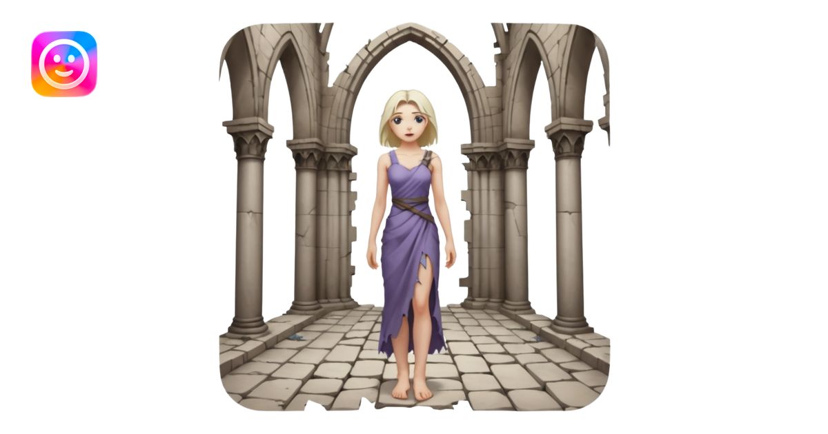 Female figure standing barefoot in ruined cathedral, dress slipping ...