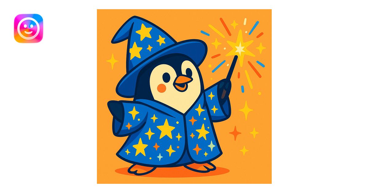 a penguin wizard casting a spell, with sparkles and a starry robe ...