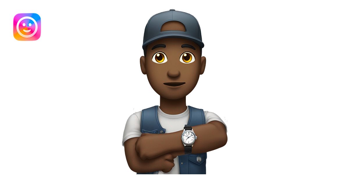 Young Black man with backwards fitted cap on rolling eyes holding wrist up checking watch emoji ...