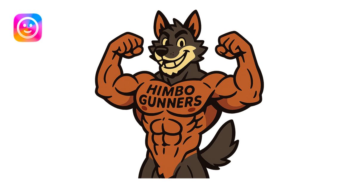 extremely muscular wolf furry, shirtless, 'Himbo Gunners' tattoo across ...