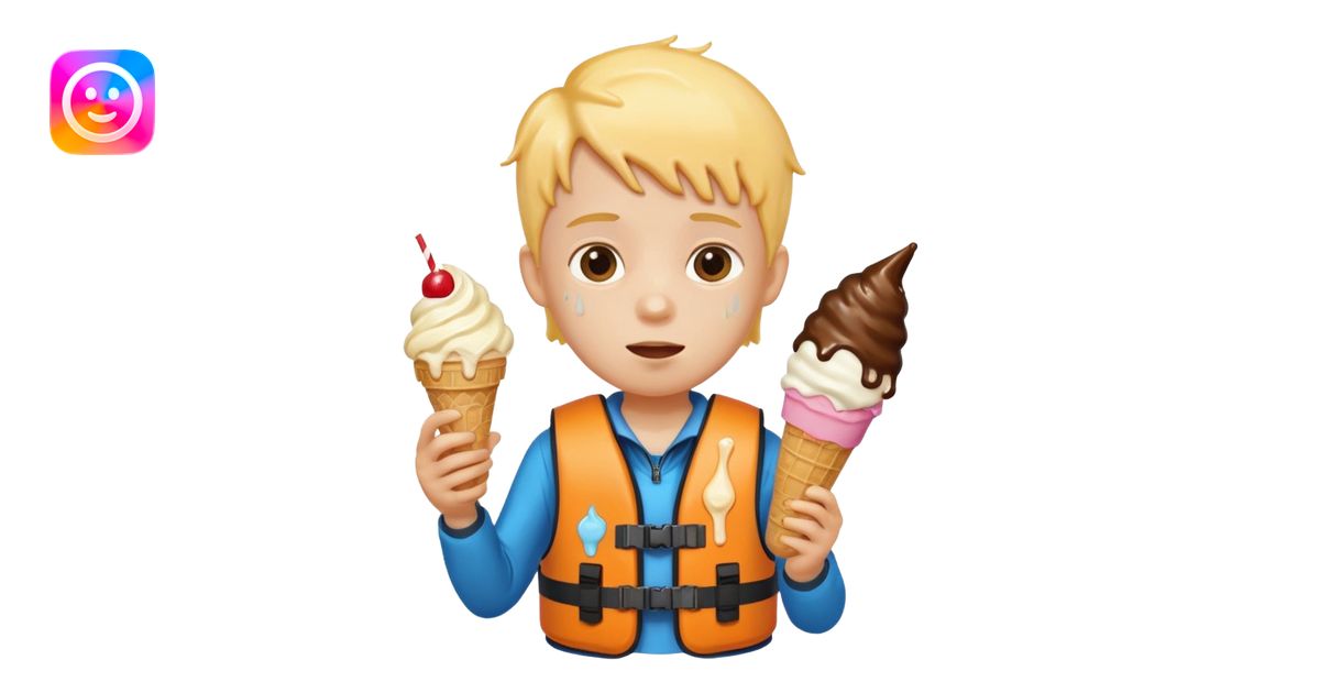 kid wearing lifejacket, holding ice cream emoji | AI Emoji Generator