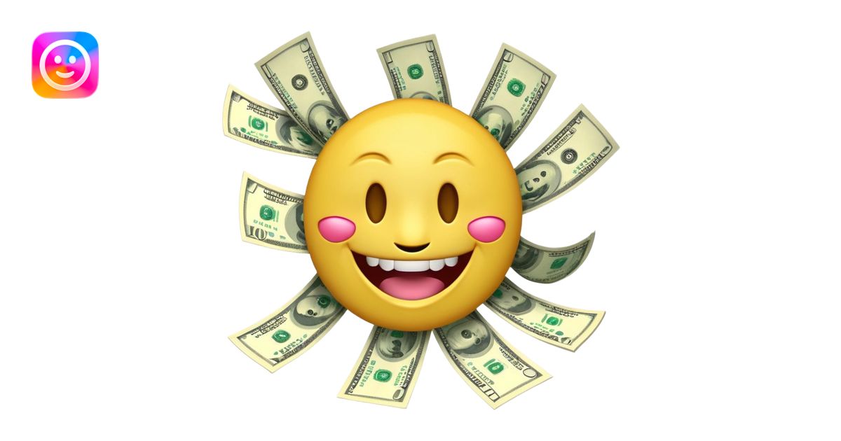 3D glossy emoji sticker, dollar-sign eyes, huge toothy grin, mouth ...